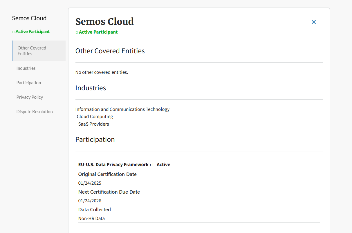 Semos Cloud Joins EU-US Data Privacy Framework